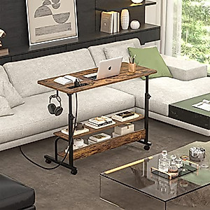 Height Adjustable Standing Desk with Power Outlets, 32" Manual Stand Up Desk with Storage Shelves Small Mobile Rolling Computer Desk Portable Laptop Table with Wheels for Home Office, Rustic