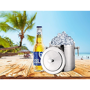 Ice Bucket with Lid, Tongs, Insulated Double Wall Design, Premium Quality Brushed Stainless Steel, Handles, 1.4L, Small, Great as a Gift, Great for Parties