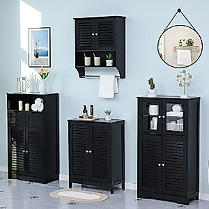 WEENFON Bathroom Wall Cabinet, Medicine Cabinet with 2 Shutter Doors & 2 Shelves, Bathroom Cabinet Wall Mounted with 1 Towels Rack, Over The Toilet Storage Cabinet, Black