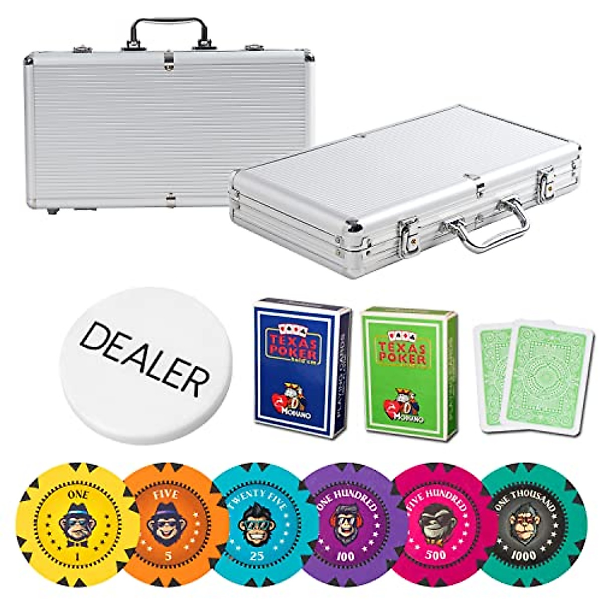 Casinokart NFT Monkey Series 300/500 Pieces 14 GMS Clay Material Casino Quality Poker Chips Set with Denomination, Durable Carry Case, 2 Decks of Branded Playing Cards and Dealer Button (300 Pieces)