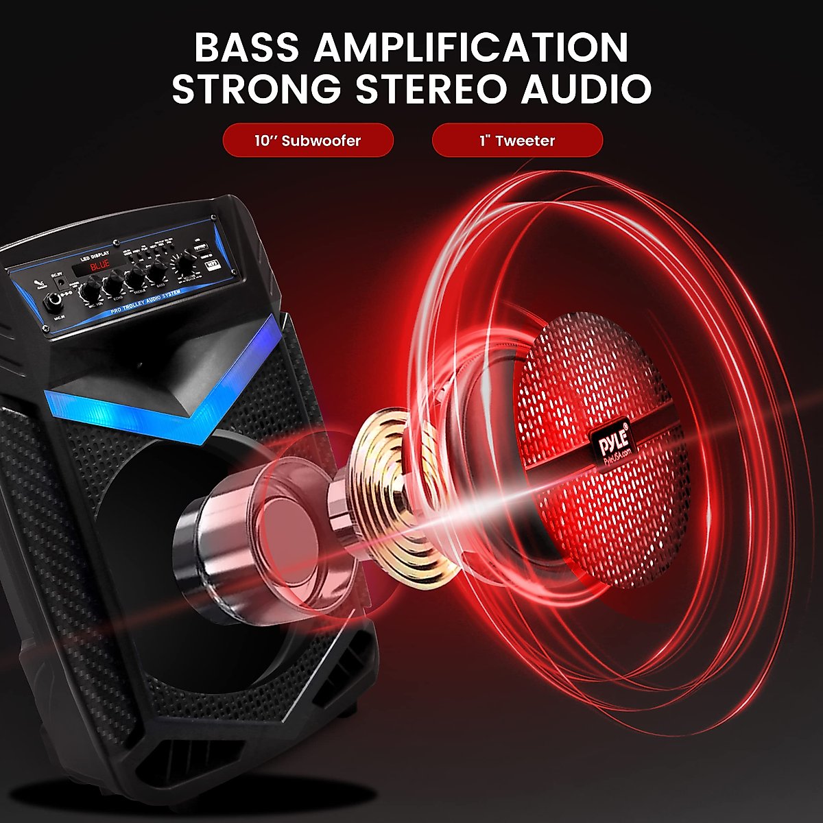 Pyle Portable Bluetooth PA Speaker System - 600W Rechargeable Outdoor Bluetooth Speaker Portable PA System w/ 10” Subwoofer 1” Tweeter, Recording Function, Mic In Party Lights USB/SD Radio