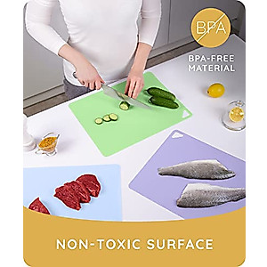 Extra Thin Flexible Cutting Boards for Kitchen - Cutting Mats for Cooking, Colored Cutting Mat Set with Easy-Grip Handles | Non Slip Cutting Sheets, Flexible Plastic Cutting Board Set of 3 (15"x12")