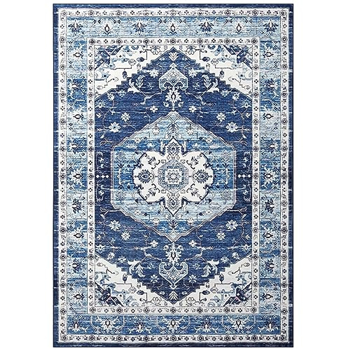 COZYLOOM Ultra-Thin Washable Rug 5x7 Non-Slip Rug Indoor Medallion Distressed Floor Carpet for Living Room Bedroom Oriental Floral Throw Carpet Non-Shedding Foldable Low Pile Floor Cover Blue