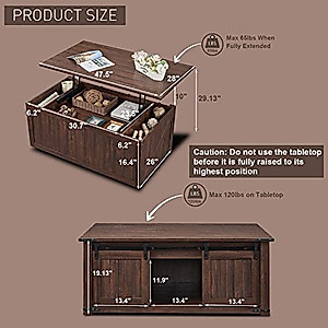 SinCiDo 48” Lift Top Coffee Table with Storage & Sliding Groove Barn Door, Farmhouse Coffee Table Rustic Wood Cocktail Table w/Double Storage Spaces for Living Room, Brown