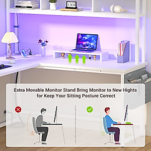 Aheaplus L Shaped Desk with Power Outlet & LED Strip, Reversible L-Shaped Corner Computer Desks Gaming Desk with Storage Shelf & Monitor Stand, Modern 2 Person Home Office Desk, Writing Desk, White