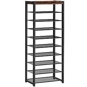 HOOBRO 10 Tier Shoe Rack, Narrow Shoe Storage Organizer with 9 Metal Shelves, Saving Space, Stable and Sturdy, Hold 18-27 Pairs of Shoes, for Entryway, Hallway, Living Room, Rustic Brown BF40XJ01
