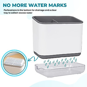 KeFanta Sink Counter Caddy, Dish Sponge Holder, Kitchen Sink Sponge and Brush Holder, Plastic Dish Scrubber Organizer with Drain Tray, White