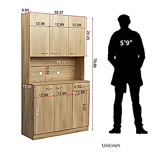 71" Kitchen Pantry Cabinet, Freestanding Floor Cabinet with 6-Doors & Microwave Stand, Sideboard Buffet Cabinet Hutch Cupboard, Tall Storage Cabinet for Kitchen, Dinning Room, Living Room (Oak)