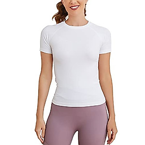 MathCat Workout Shirts for Women, Workout Tops for Women Short Sleeve, Seamless Yoga Shirts, Breathable Athletic Gym Tops Slim Fit(White,S)