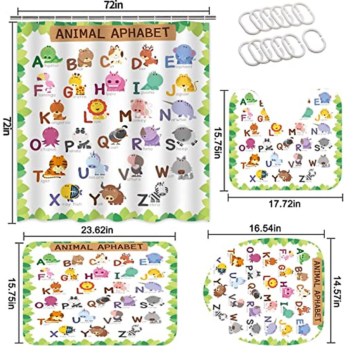 KINUUIS 4PC Animals Alphabet Bathroom Shower Curtain Sets Kids Bathroom Sets Cartoon Bathroom Sets with Rugs and Accessories Cute Style Shower Curtain for Bathroom Decoration