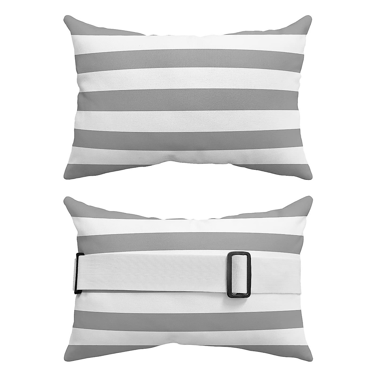 T&H XHome Outdoor Pillow for Chaise Lounge Chair, Gray and White Stripe Waterproof Headrest Pillow Lumbar Pillows with Adjustable Elastic Strap for Beach, Poolside, Patio, Office (2 Pack)
