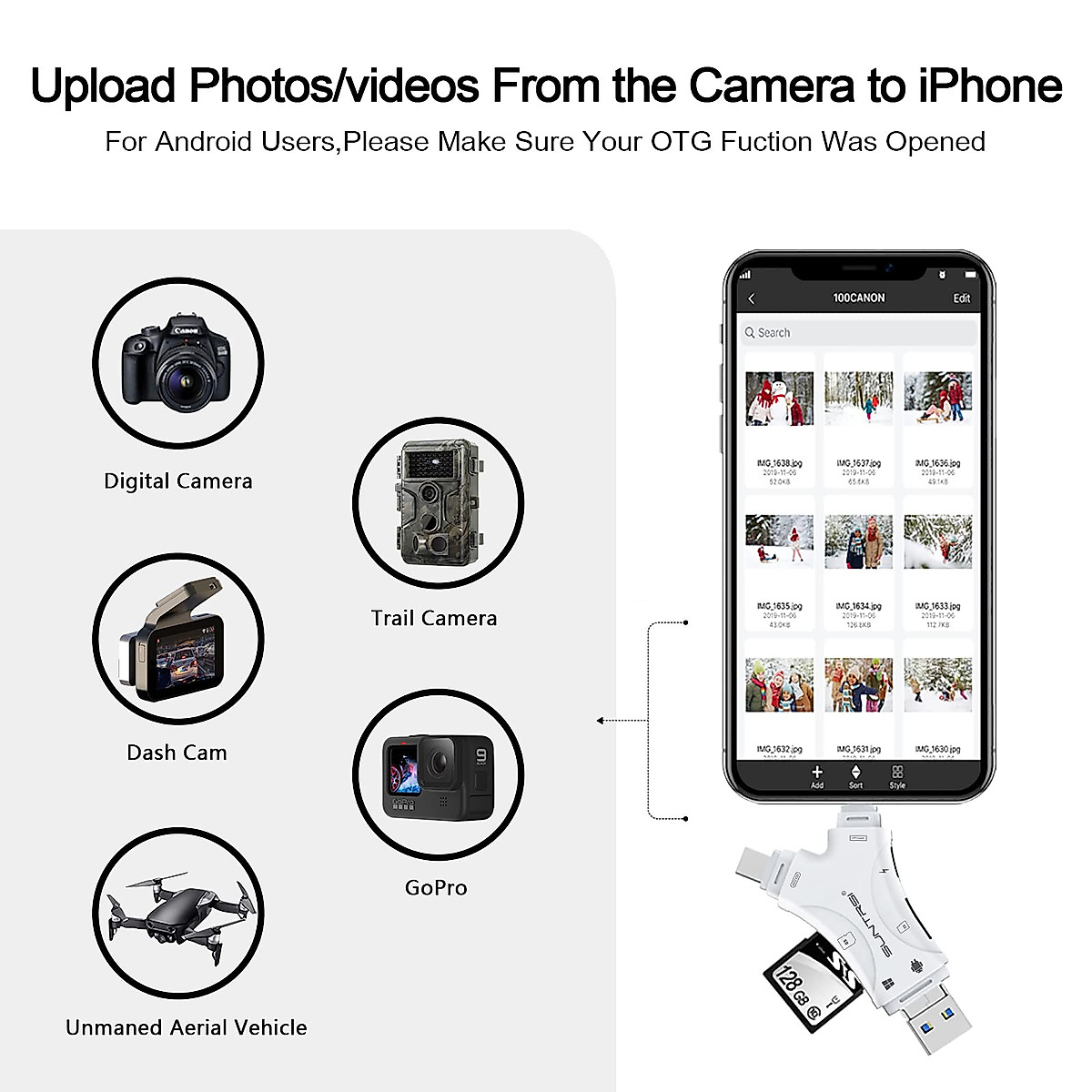 SD Card Reader for iPhone/ipad/Android/Mac/Computer/Camera,4 in1 Micro SD Card Reader Trail Camera Viewer, Portable Memory Card Reader SD Card Adapter for SD and TF Cards(White)