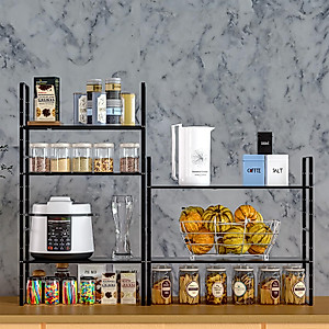 GEDLIRE Expandable Kitchen Cabinet Shelf Organizers 2 Pack, Stackable Metal Pantry Storage Shelves Rack, Adjustable Counter Shelf for Cabinets, Countertop, Cupboard Organizers and Storage, Black