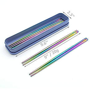 Rainbow 304 Stainless Steel Chopsticks -Reusable Multicolor Lightweight Stainless Steel Polished Chopsticks - Metal Chopsticks 5 Pairs Set with Case as Present Gift Fit Kitchen Dinner (Round Rainbow)