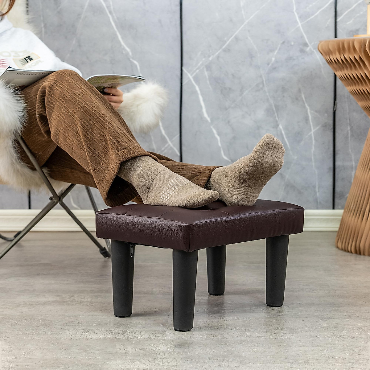 CAROLMADE 15” Ottoman Foot Rest, PVC Small Ottoman Foot Stool with Legs Modern Footstool Ottomans for Living Room Entryway Office, Brown