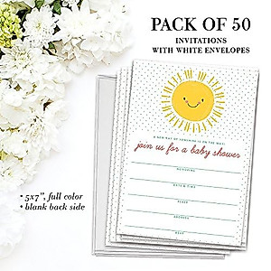 DB Party Studio Baby Shower Invitations Happy Sunshine Gender Neutral Sunny Smile Blank Invites with Envelopes ( Pack of 50 ) Large 5x7” Fill In Boy Girl Infant Mom-To-Be Smiling Sun Newborn VI0077
