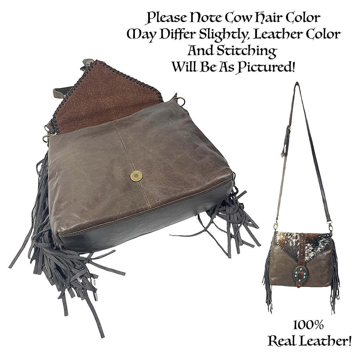 Urbalabs Western Crossbody Fringe Buckle Cowhair Leather Messenger Teal Stone Tooled Tote Bag Hand Stitched Purses (Dark Brown)