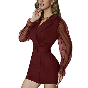 LYANER Women's Elegant Collar V Neck Lace Long Sleeve Blazer Mini Dress with Belt Burgundy Medium