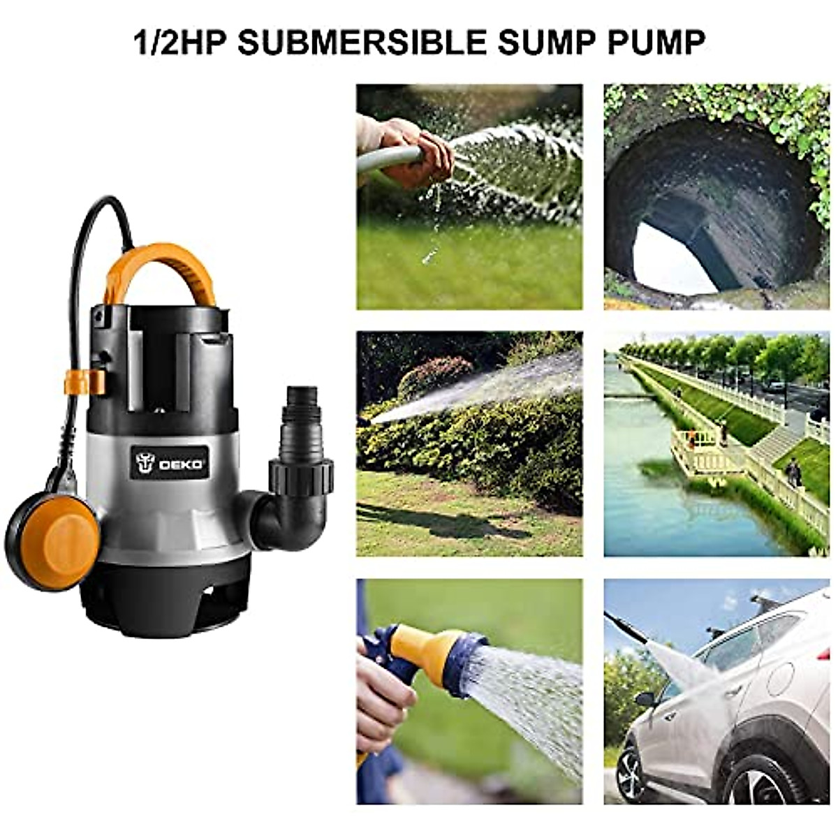 DEKO 400W 1/2HP Sump Pump 1981GPH Submersible Pump Clean/Dirty Water Pump Swimming Pool Garden Tub Pond Flood Drain w/Float Switch and Long 16ft Cable