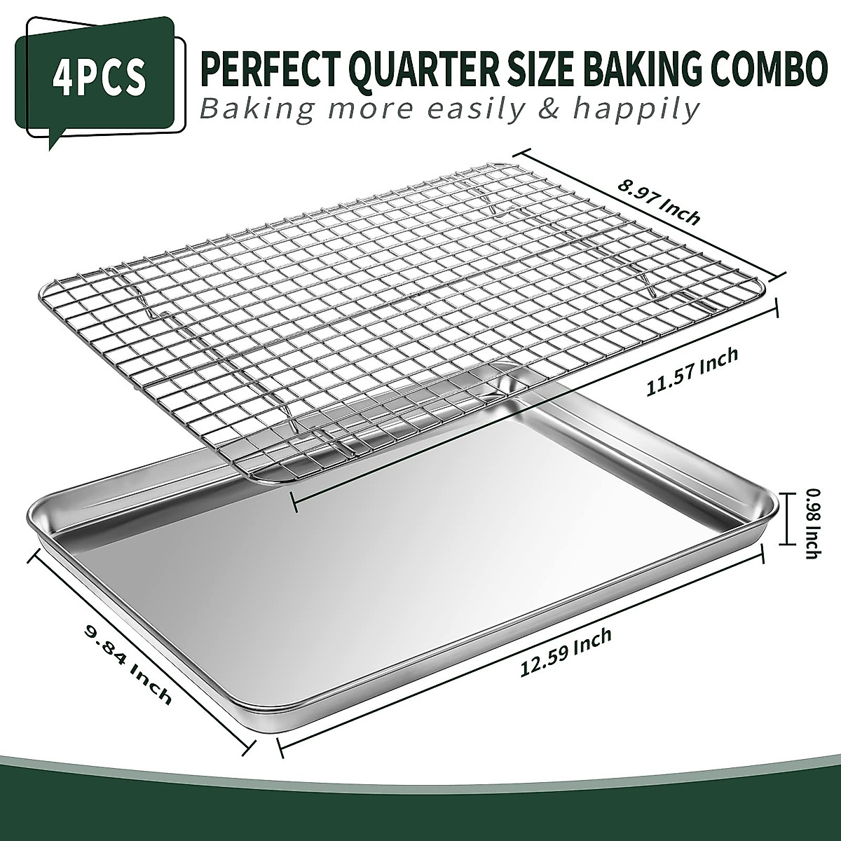 Quarter Sheet Pan with Cooling Rack Set [2 Baking Sheets + 2 Baking Racks], CEKEE Stainless Steel Cookie Sheets for Baking and Wire Rack - Rust & Warp Resistant & Nonstick, Size 12 x 9.8 x 1 Inch