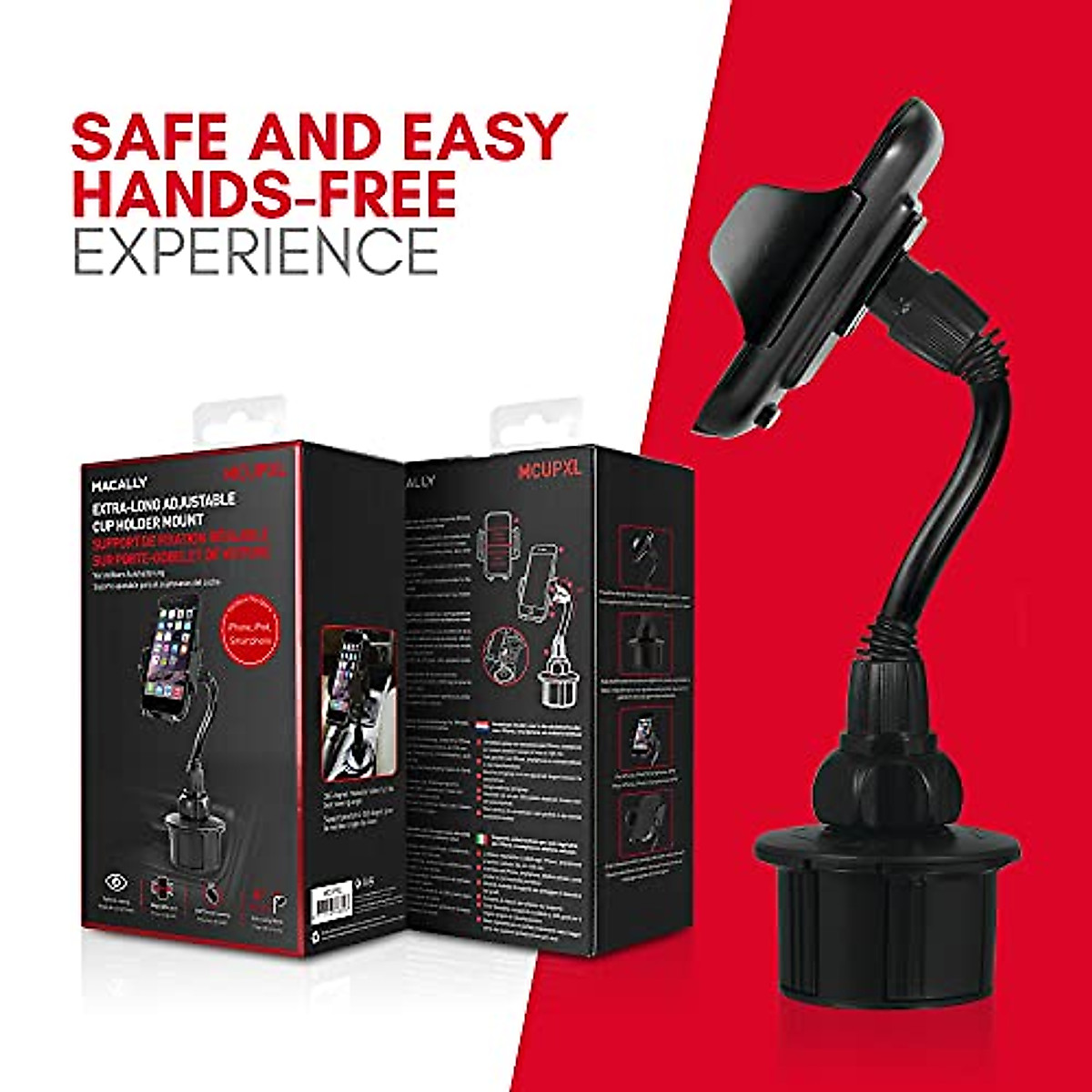 Macally Car Cup Holder Phone Mount - Secure Cupholder Fit for Phones up to 4.1” Wide - Cup Phone Holder for Car with Flexible Gooseneck & 360° Rotatable Cradle - Cell Phone Cup Holder for Car