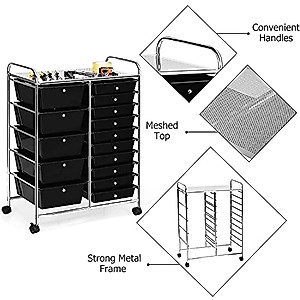 Squareful 15-Drawer Storage Cart, Mobile Rolling Utility Cart w/ Wheels, Multipurpose Organizer Cart for Tools, Scrapbook, Paper, Ideal for Home Office School (Black)