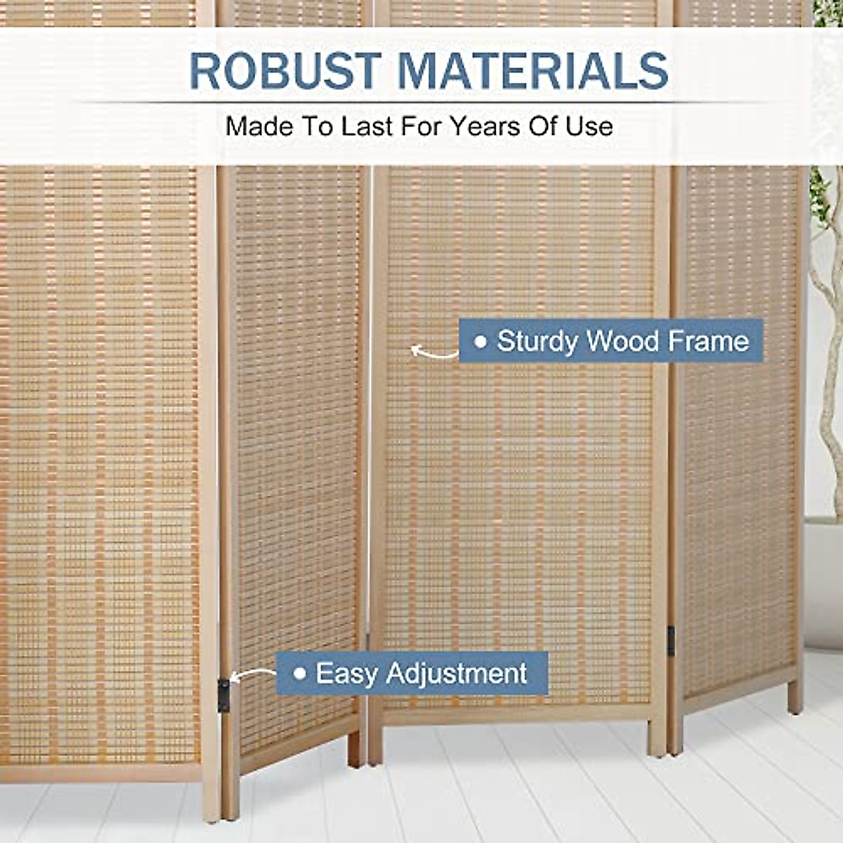 6 Panel Room Divider Wall Screen 6FT Tall Folding Wood Frame Privacy Divider Screen Freestanding Wall Divider Partition Vintage Room Separation Screen Portable Breathable Partition Divider, Natural