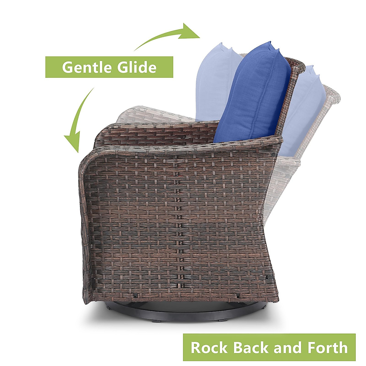 Rilyson Outdoor Patio Rocking Swivel Chairs - 3 PC Wicker Patio Furniture Rocker Chair Set Rattan Patio Bistro Sets with Side Table for Porch Deck Backyard Garden(Brown/Blue)