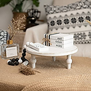 GENMOUS Farmhouse Decorative Round Wood Risers For Decor, White Wood Pedestal Stand With Wood Book Stacks and Garland For Rustic Accent Centerpiece Display in Kitchen/Bathroom/Dining/Living Room