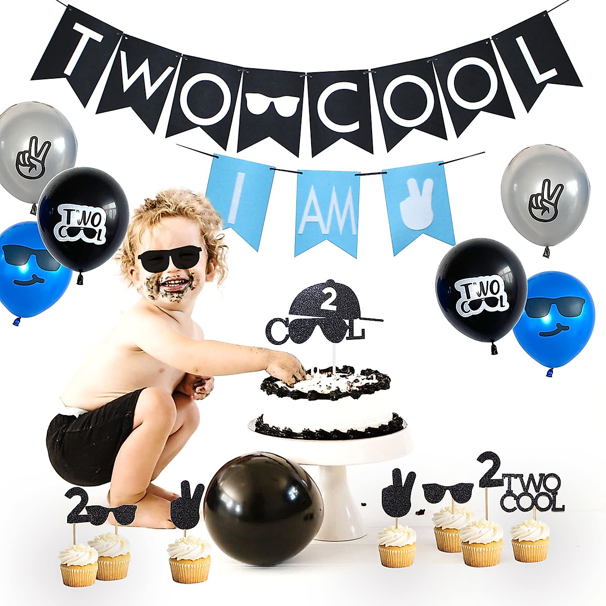 Two Cool Birthday Party Decorations Supplies, Two Cool Banner Cake Topper, I AM TWO Banner, Two Cool Balloons for Little Man Sunglasses 2nd Birthday Boy Party Supplies Decoration