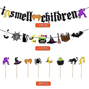 HAUTOCO I Smell Children Banner Glitter Hocus Pocus Banner Halloween Banner Party Decorations, Halloween Witch Party Supplies, Halloween Bat Spider Web Cupcake Toppers for Home Fireplace Mantel Decor
