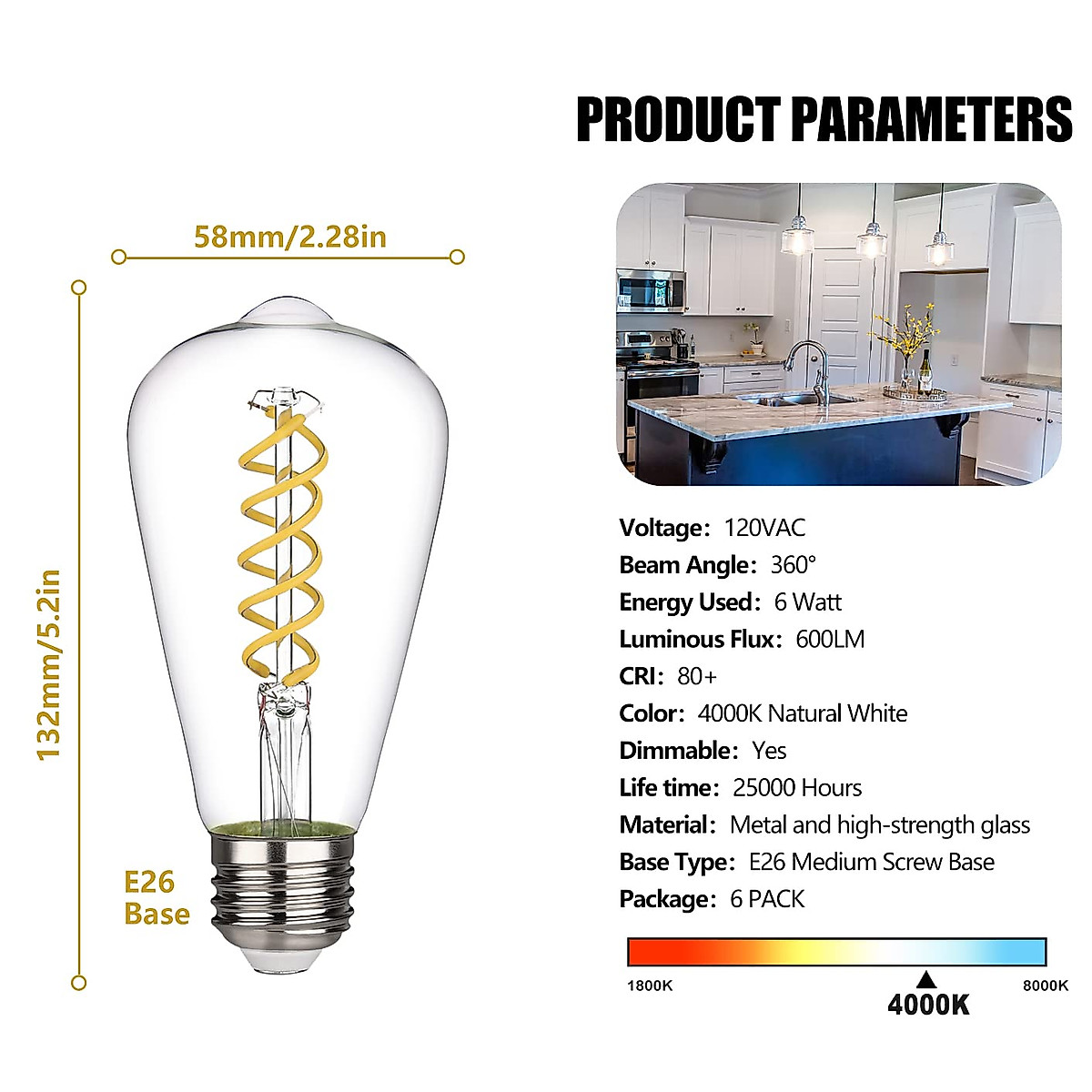 RuiAoTD ST58 (ST19) Vintage Edison LED Bulb, Daylight White 4000K, Antique Flexible Spiral LED Filament Light Bulb, 600LM Dimmable, 6W Equivalent to 60W, CRI 80+, E26 Base, Clear Glass, 6 Pack