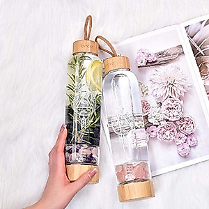 Larrare Crystal Water Bottles 19oz Large Crystal Elixir Infused Water Bottle with Changeable Crystals | Gem Water Bottle with Sacred Pattern and Words (Amethyst, Rose Quartz, Clear Quartz)