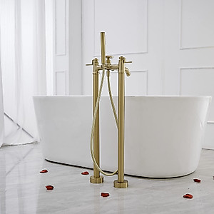 Bathfinesse Gold Freestanding Bathtub Faucet Floor Mount Tub Filler with Handheld Shower Two Handle Two Feet High Flow Rate Mixer Tap Bathroom Tub Faucet