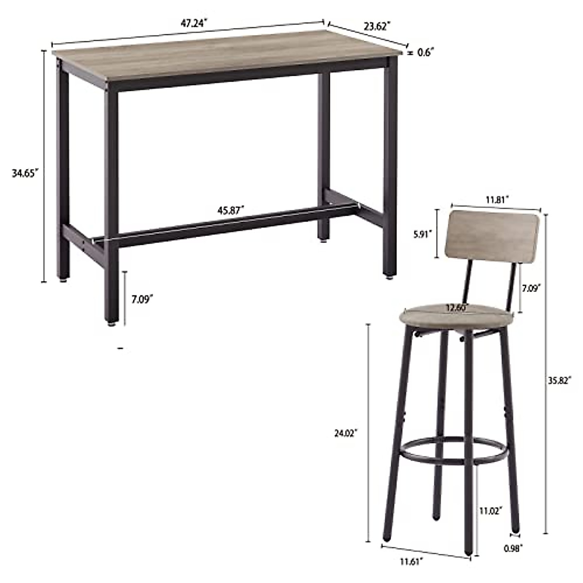 CKLMMC 5 Piece Industrial Bar Table Set,Pub Bistro Table and PU Upholstered Stools with Backrest, Counter Height Dining Table Set for Kitchen Small Space (Grey# Set of 5)