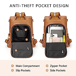 PINCNEL Backpack Purse for Women – Fashion Womens PU Leather Backpack – Anti-Theft Backpack Shoulder Bag with Multifunctional Pockets – Women Backpack Purse for Traveling, School, Office (Khaki)