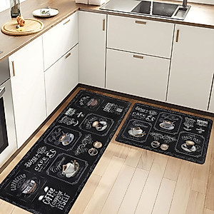 Famibay 2 Piece Kitchen Mats Anti Fatigue Cushioned Kitchen Floor Mat Non Slip Waterproof Coffee Design Wipe Clean Foam Kitchen Carpet Rugs for Kitchen Sink Laundry(17"×28"+17"×47")