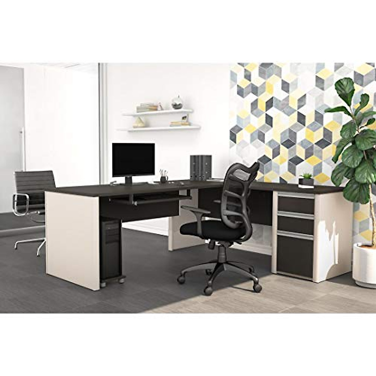 Bestar Connexion 72W L-Shaped Desk with Pedestal in Slate & Sandstone