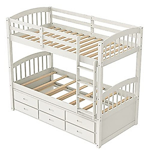 Harper & Bright Designs Twin Over Twin Bunk Bed with Storage Drawers, Solid Wood Bunk Bed Frame with Trundle, for Kids, Teens, Adults (White)