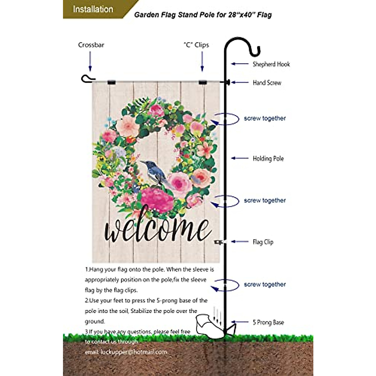 Luckupper Large Garden Flag Holder Stand Pole for 28 x 40 with Shepherd Hook,62 Inches Heavy Duty Yard Flag Post Stake for Outside