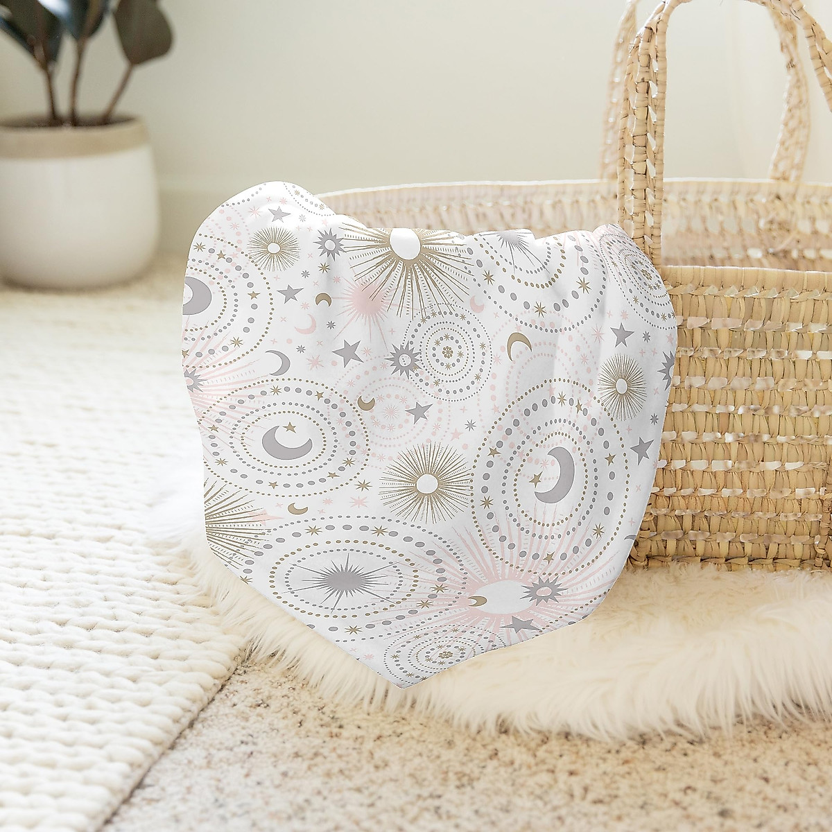 Sweet Jojo Designs Star and Moon Baby Girl Swaddle Blanket Jersey Stretch Knit for Newborn or Infant Receiving Security - Blush Pink, Gold, and Grey Celestial