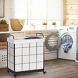 Laundry Hamper with Divided Liner Bag; Collapsible Laundry Basket with Rolling Lockable Wheels; Clothes Hamper with Metal Handle; Laundry Sorter with Removable Liner Bag (White)