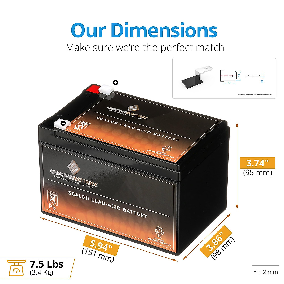 Chrome Battery 12V 12AH Maintenance-Free Battery for Alarm Systems, Scooters, Toys, Emergency Lights, and More - Nut and Bolt (T3) Terminal 2 Pack