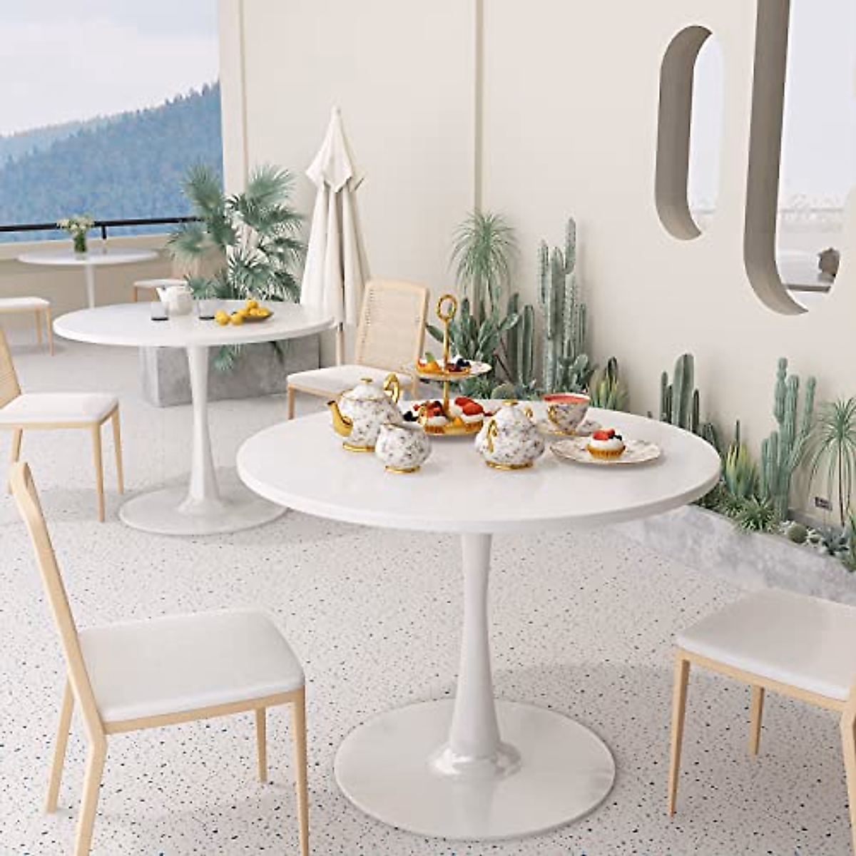DKLGG White Round Dining Table, 31.5" Tulip Table Kitchen Dining Table 2-4 People with MDF Table Top & Pedestal Base, Mid-Century End Table Leisure Table Coffee Office Living Room Table