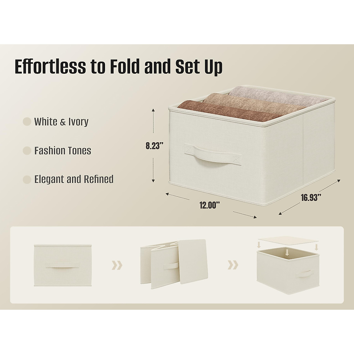 LayerSpace 3 Pack Fabric Storage Bins for Shelves | 16.93x12x8.23in Closet Storage Bins | Collapsible Storage Bins for Organization | Linen Clothes Storage Bins | White & Ivory