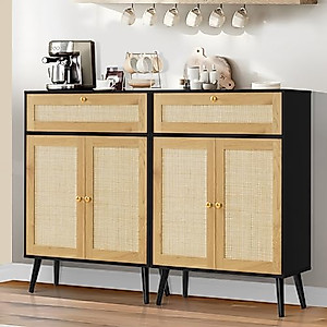 Iwell Storage Cabinet with Adjustable Shelf, Rattan Cabinet with Large Drawer, Accent Cabinet for Dining Room, Entryway, Living Room, Black