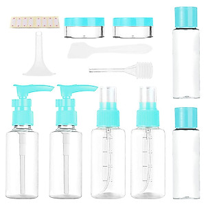 Vitog Travel Bottles Kit, TSA Approved Leak Proof Portable Toiletry Containers Set, Clear flight size PET Cosmetic Containers for Lotion, Shampoo, Cream, Soap, Set of 11 (Blue+Plastic)