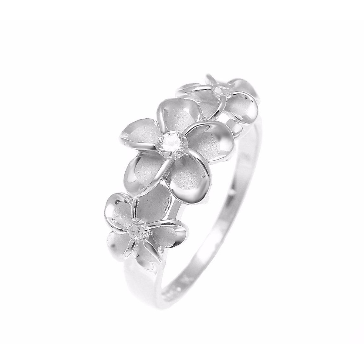 Arthur's Jewelry Sterling silver 925 Hawaiian 3 plumeria flower ring cz rhodium plated size 8