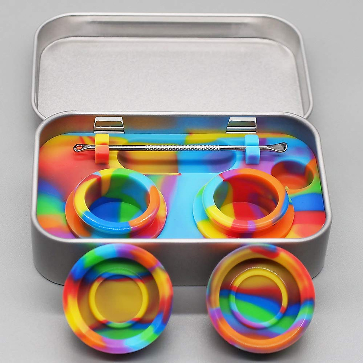 Vitakiwi Portable Silicone Carving Travel Tin Kit with Non-stick 5ml Concentrate Containers (Rainbow)