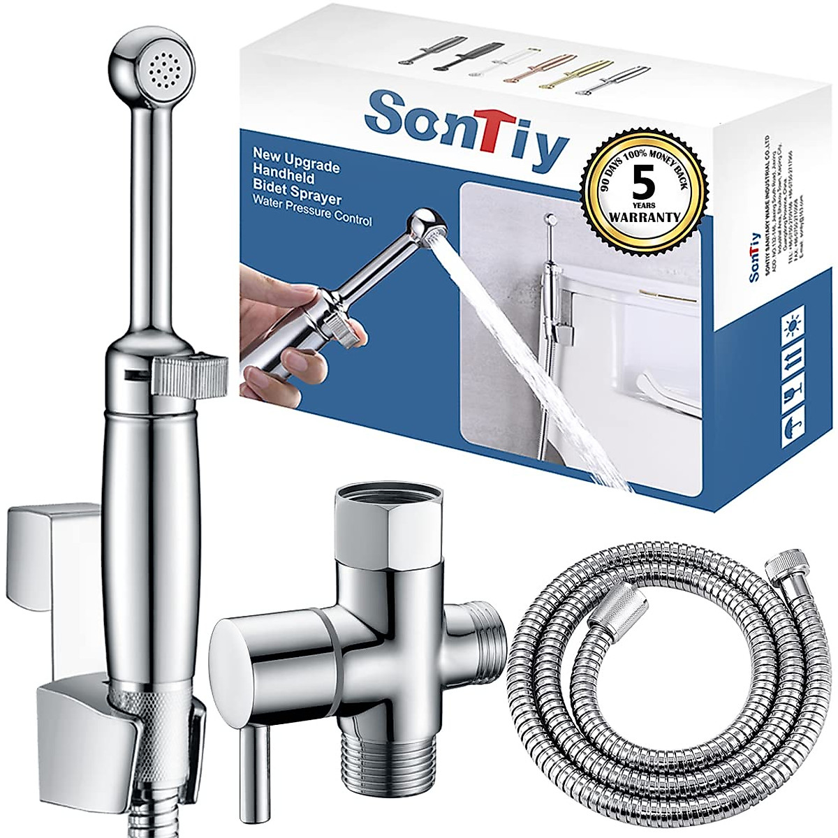 SonTiy Brass Handheld Bidet Sprayer for Toilet, Cloth Diaper Toilet Sprayer Bidet Attachment with Backflow Preventer, Chrome, 5-Year Warranty